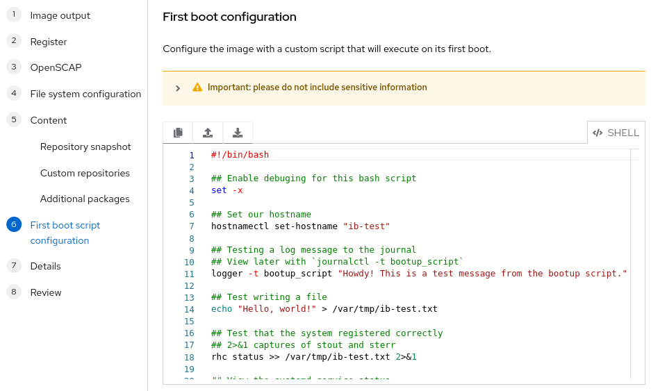 Add first boot scripts to golden images with Red Hat Insights image builder